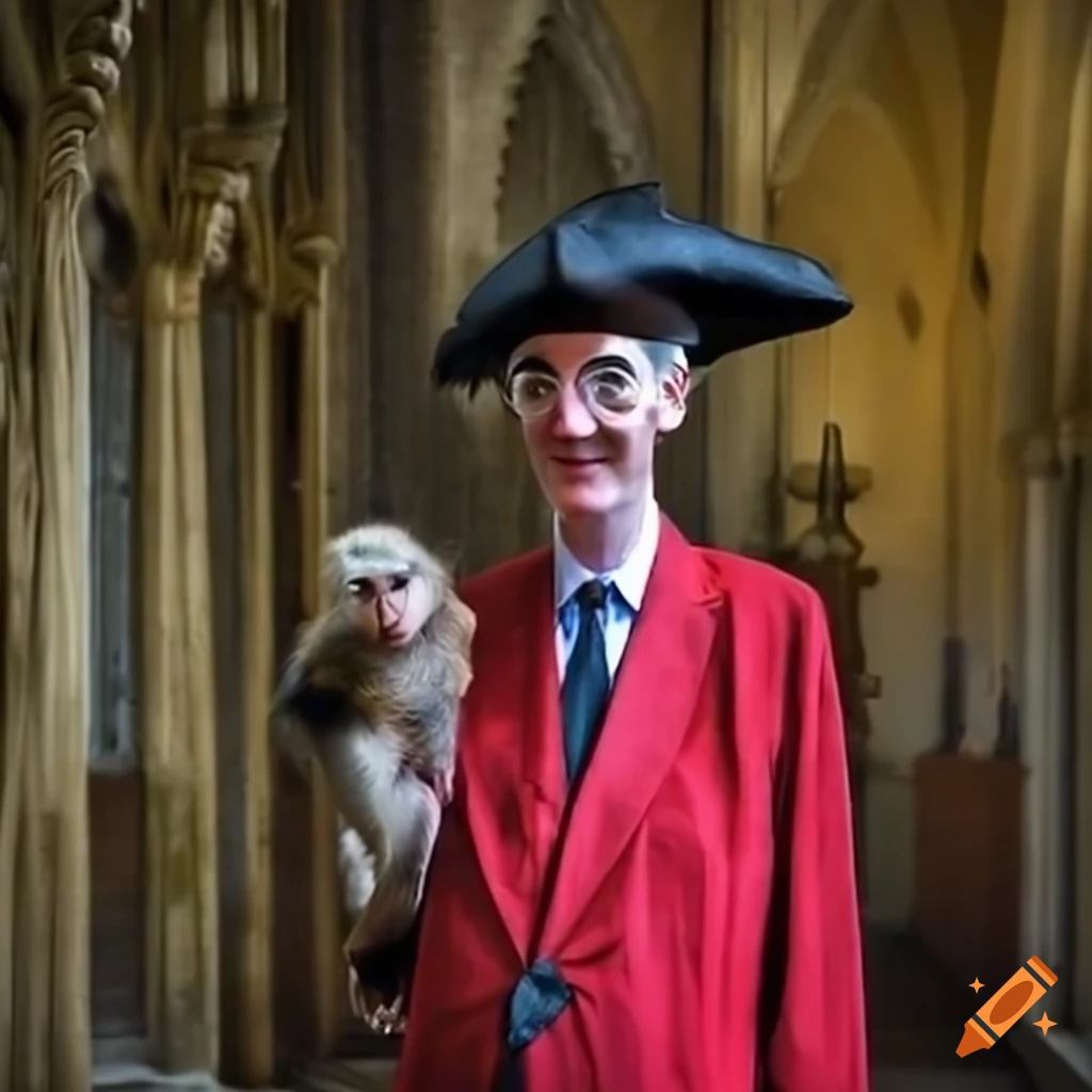 Jacob Rees Mogg in flamboyant swashbuckler costume with a monkey on Craiyon