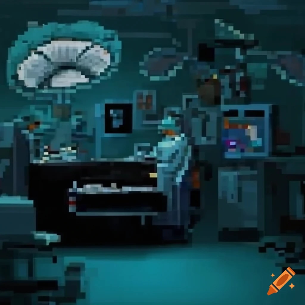 Pixel art of a dimly lit operating room on Craiyon