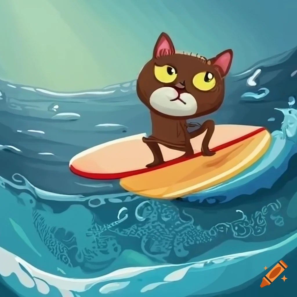 Cartoon cat surfing on the ocean