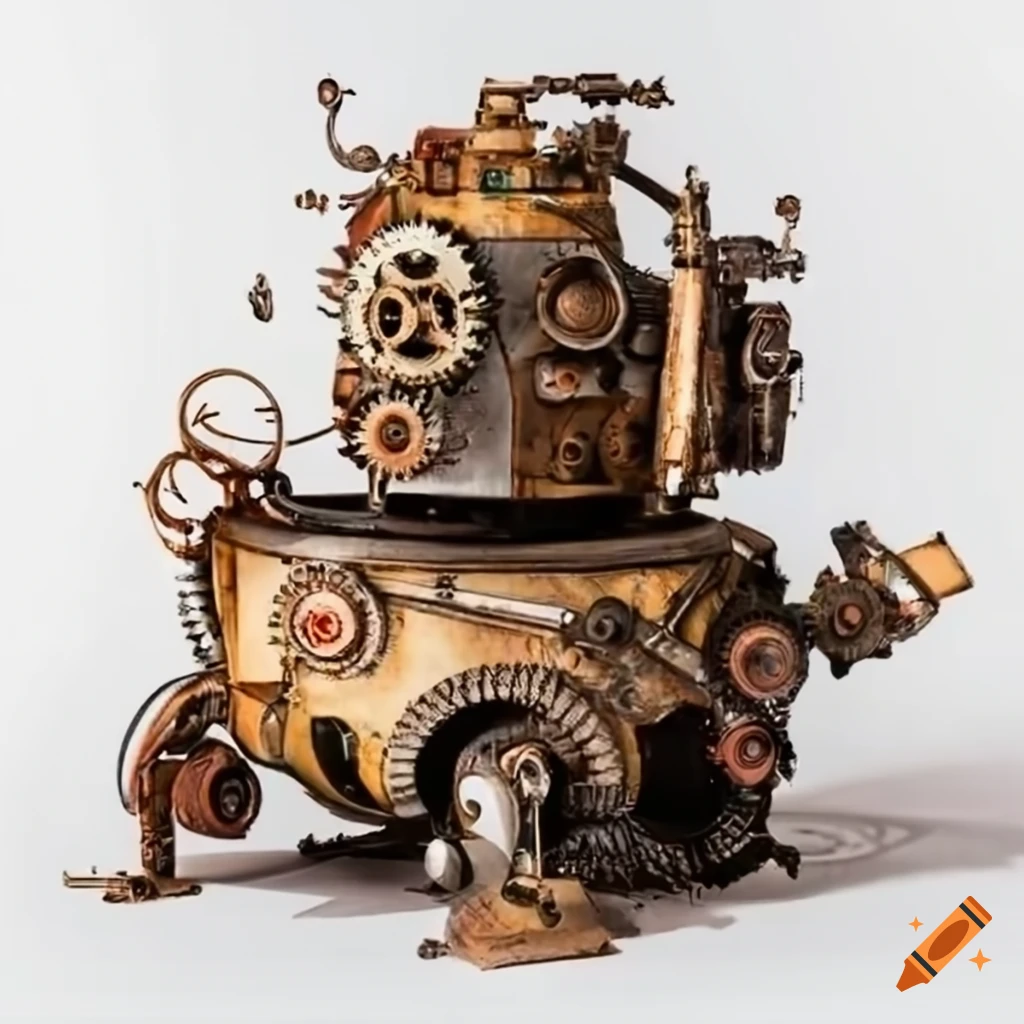 White background with a steampunk scrap collecting robot