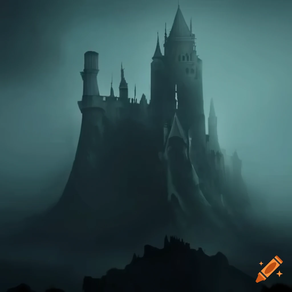 Witches stone castle engulfed in fog on Craiyon