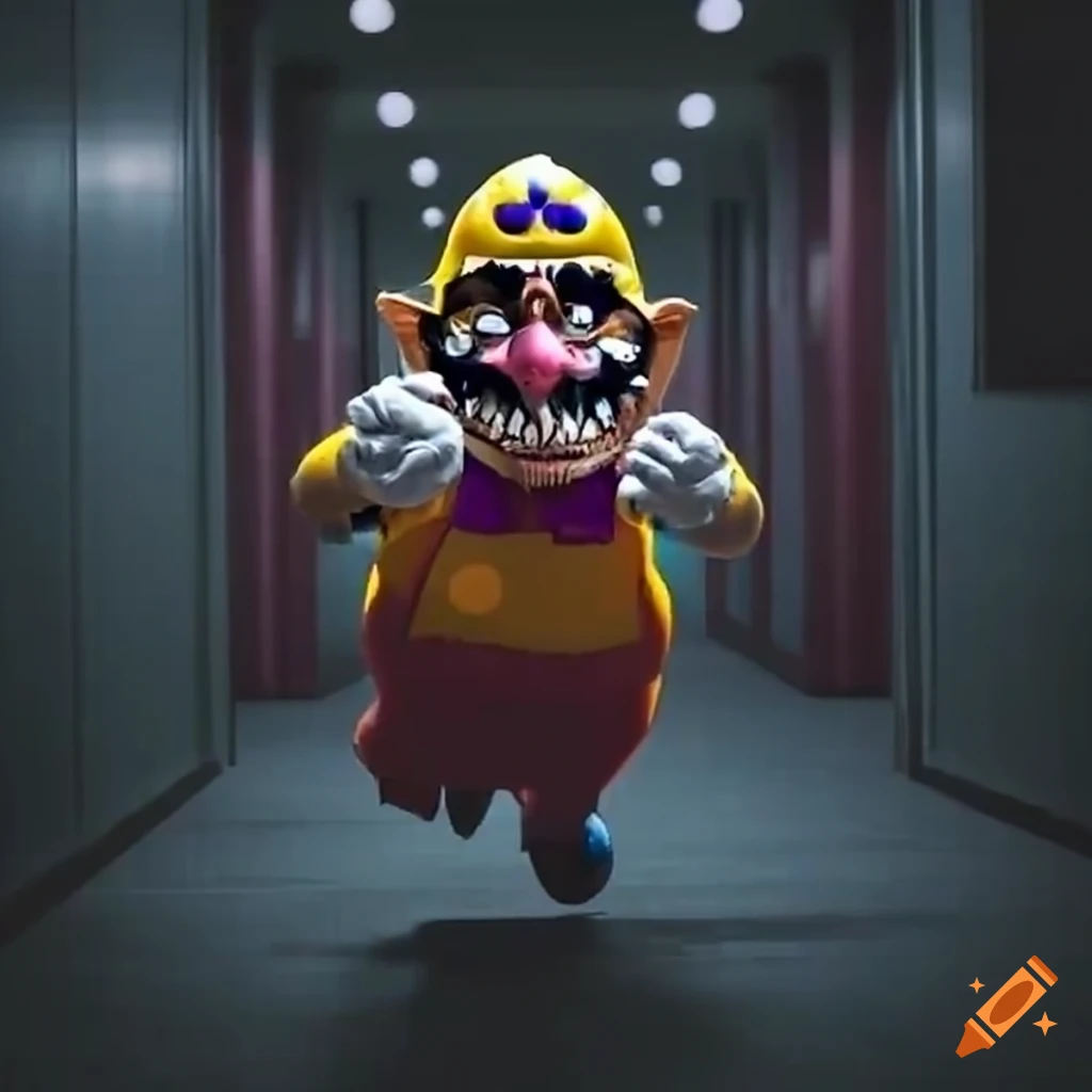 Spooky image of Wario in a hotel hallway on Craiyon