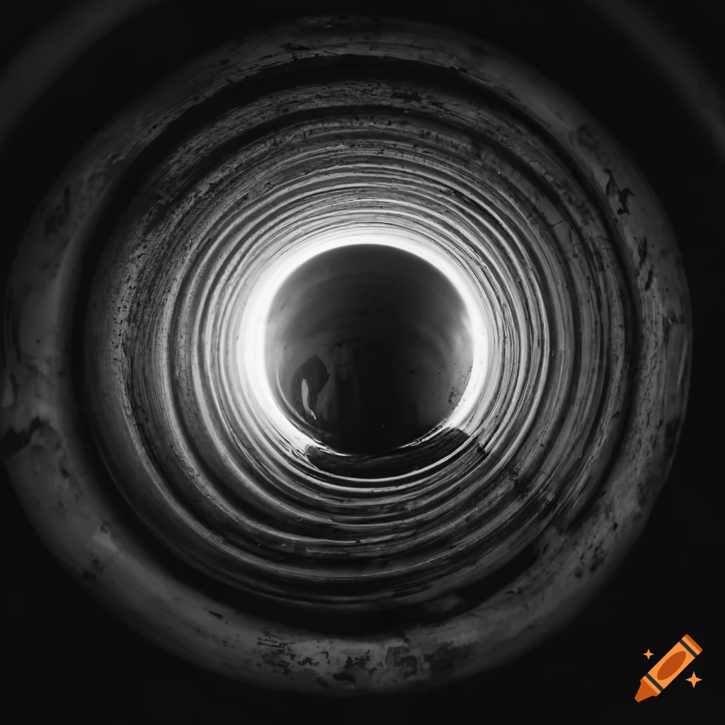 Black and white fisheye photo inside a concrete pipe on Craiyon