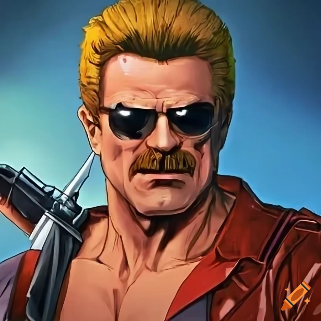 Anime-style close-up of tom selleck as duke nukem on Craiyon
