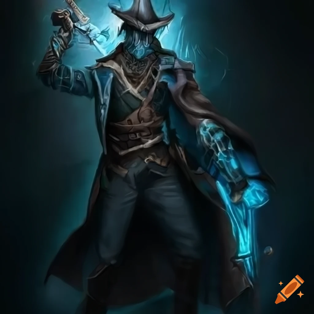 Illustration of a blue-skinned gunslinger elf on Craiyon