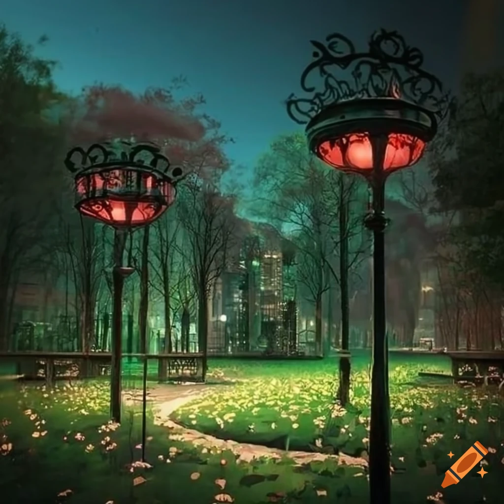 Surrealistic urban park with futuristic elements on Craiyon