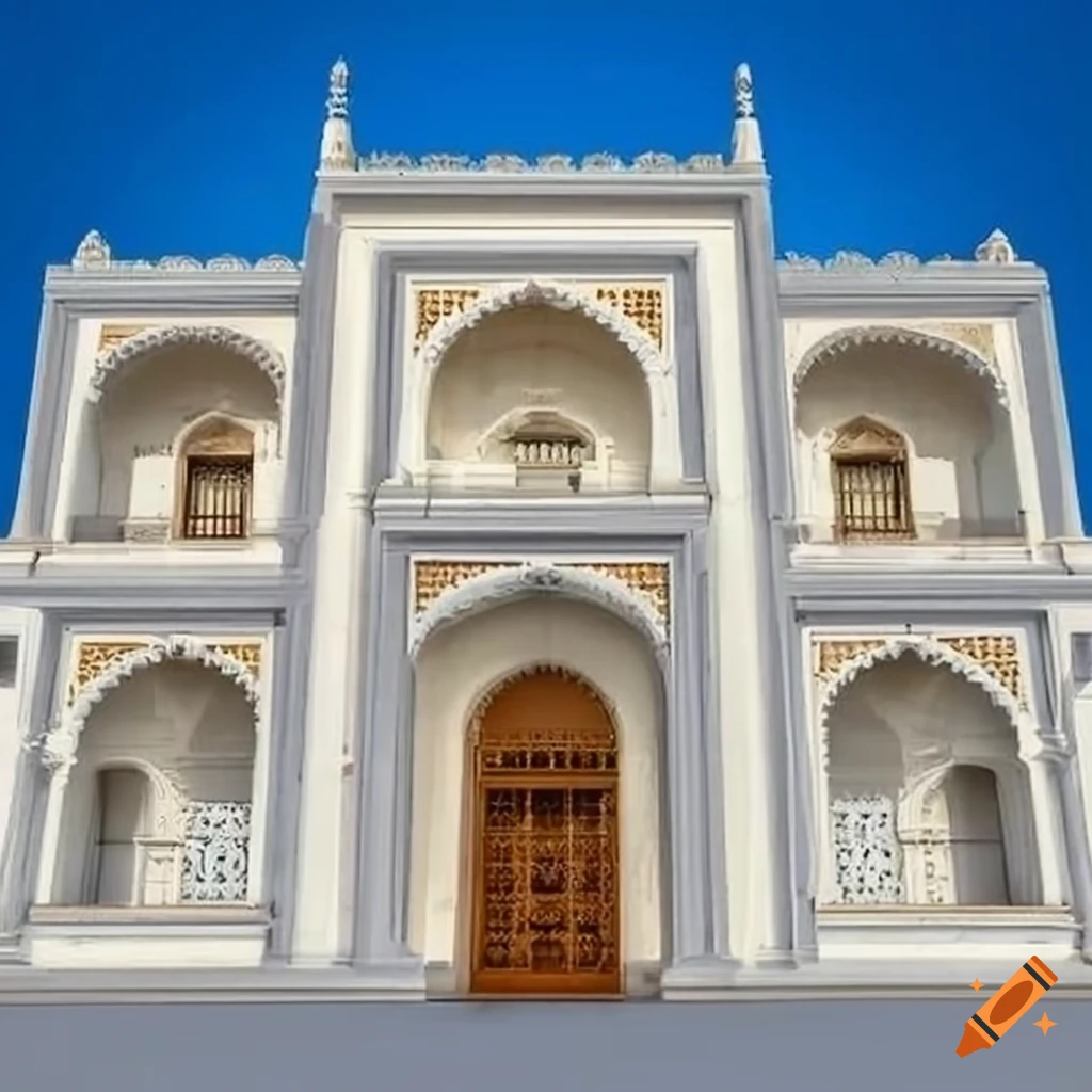 Front view of mahal white house in mediterranean architectural style on ...
