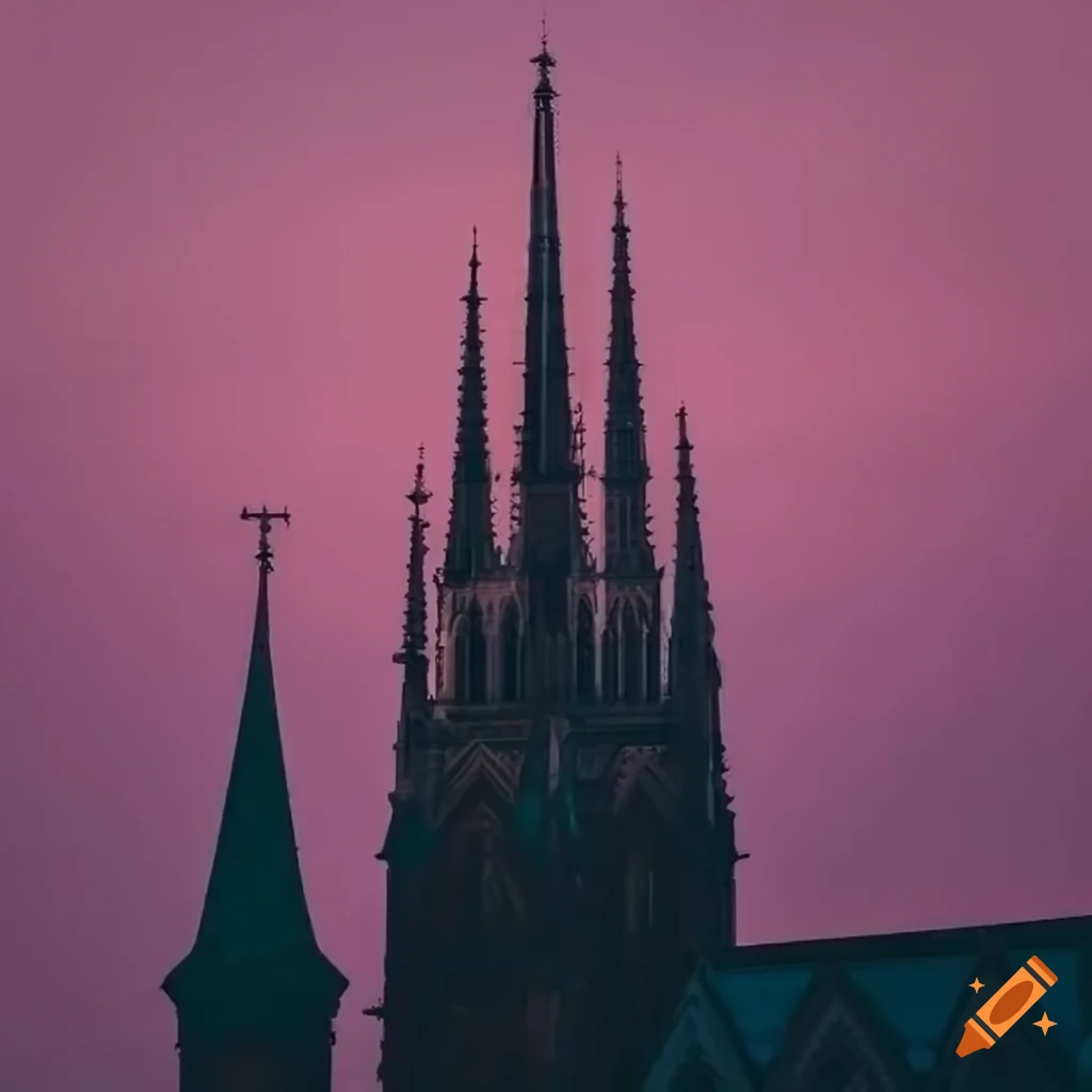 Gothic cathedral at sunset in a european city skyline