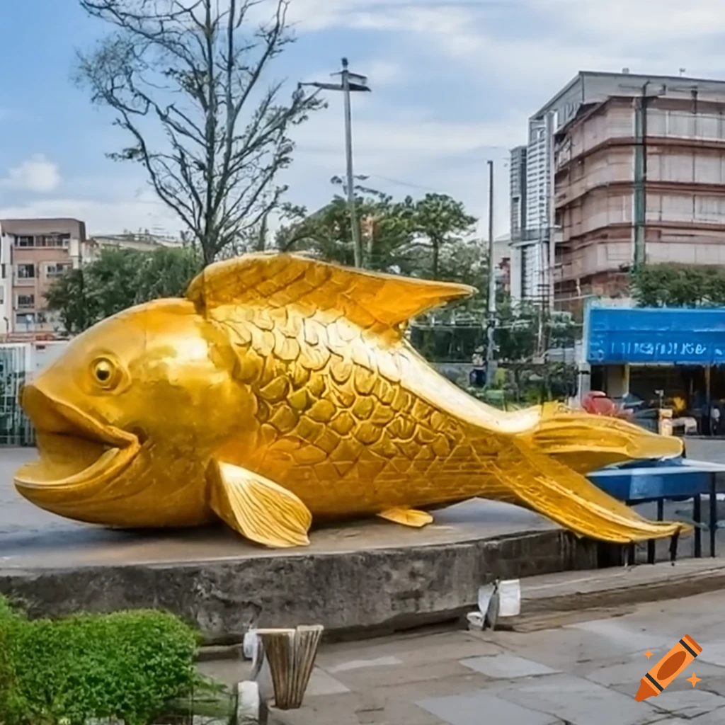Gold statue of a koi fish on the street
