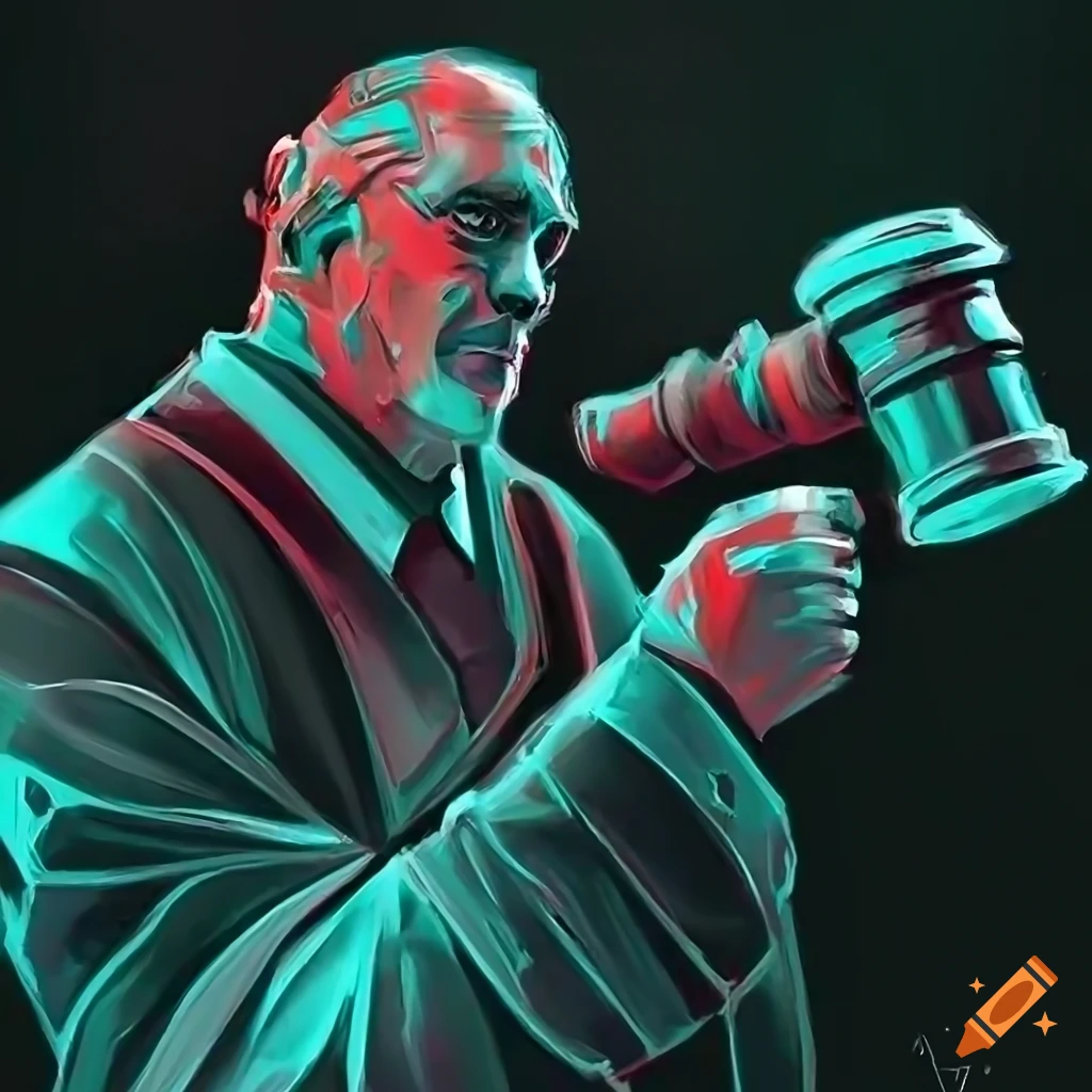 Futuristic cyborg judge in a high-tech courtroom on Craiyon