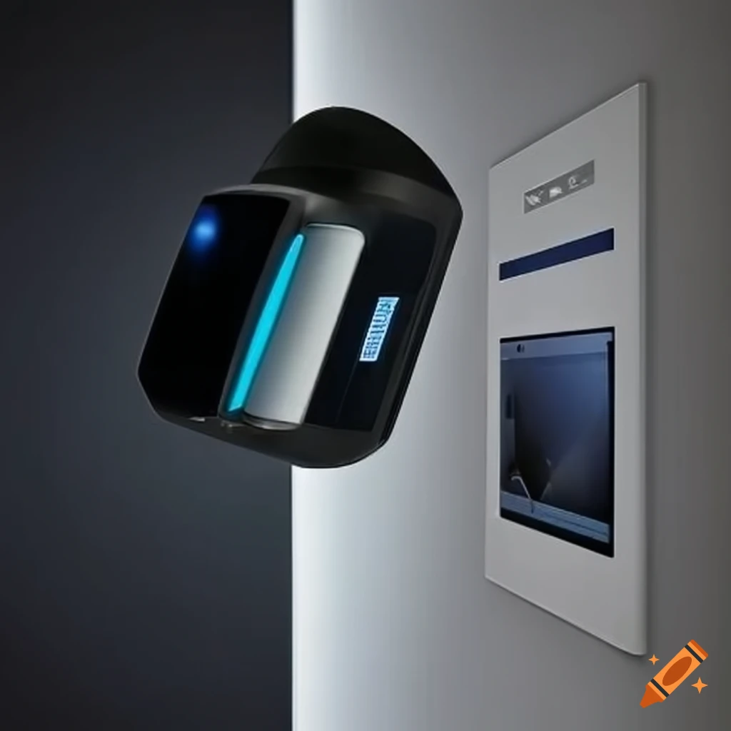 Sleek futuristic access scanner mounted on a wall on Craiyon