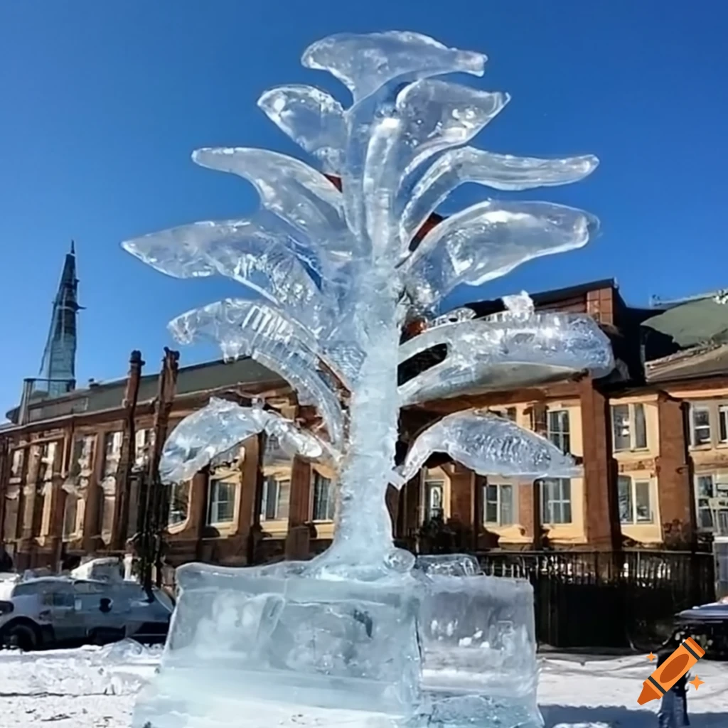 Life-size ice sculpture of an ice tree on the street on Craiyon