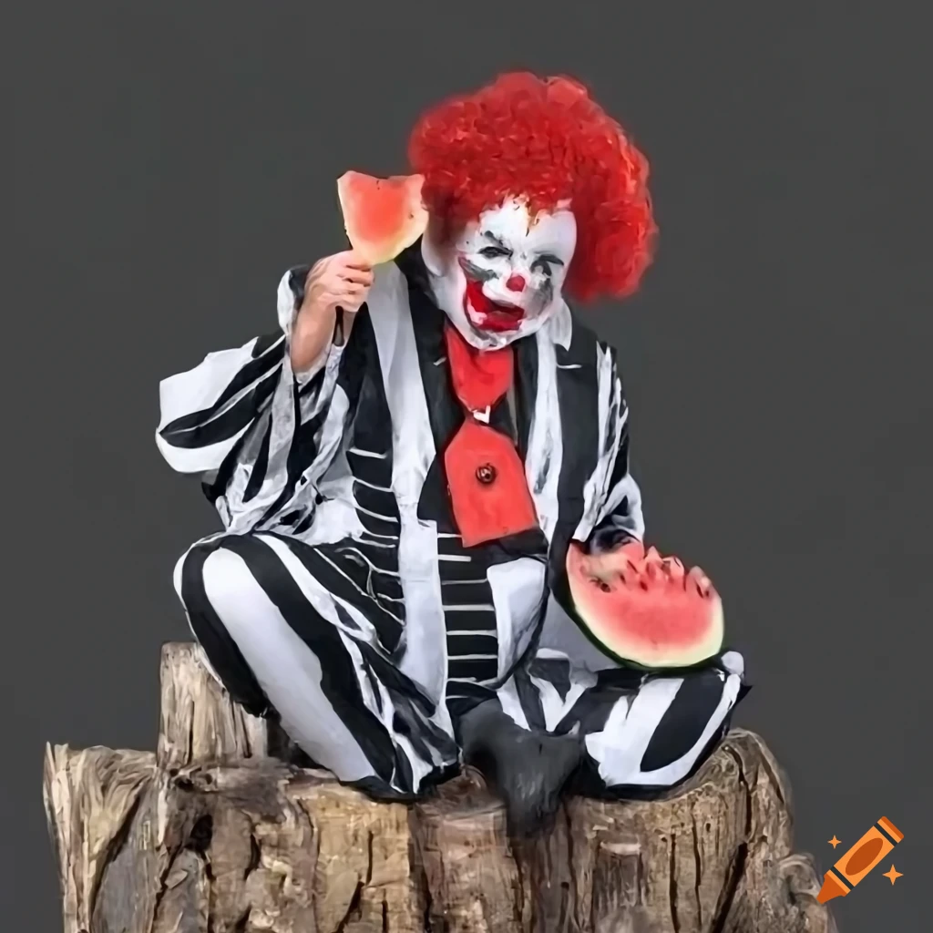 Surreal image of a disfigured clown eating watermelon on Craiyon