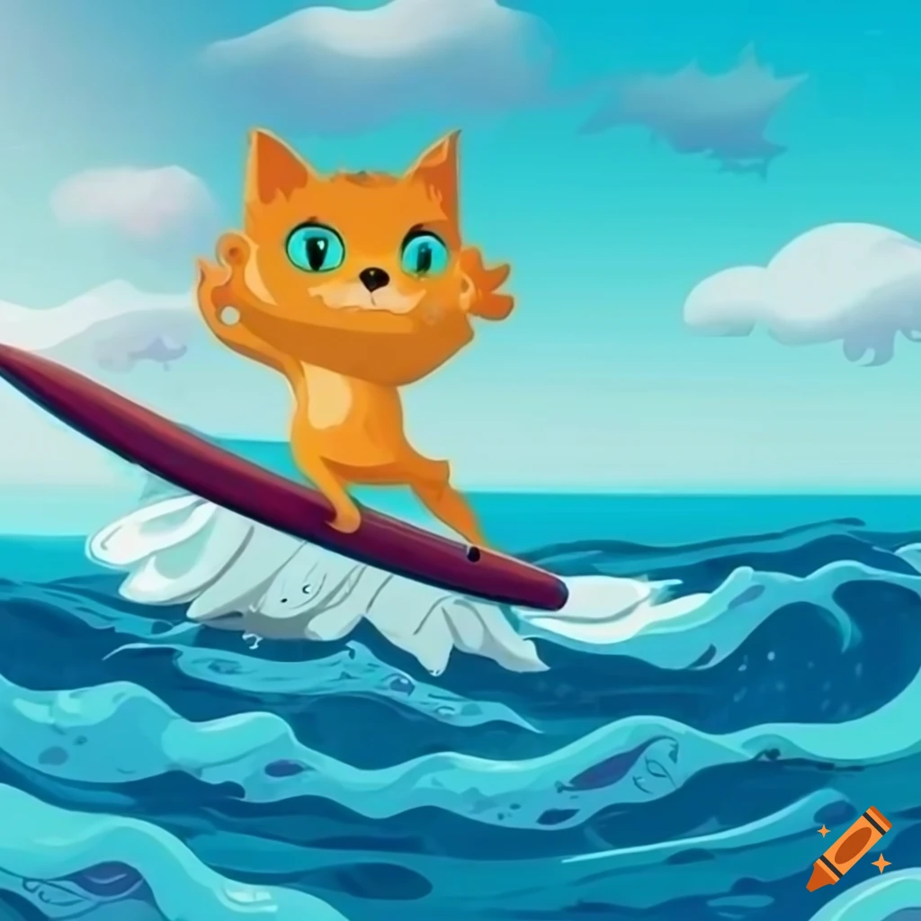 Cartoon cat riding a wave on Craiyon