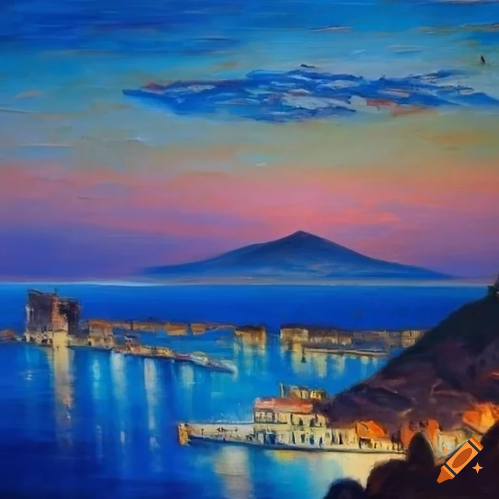 Ocean view oil painting at blue hour with vesuvius in background