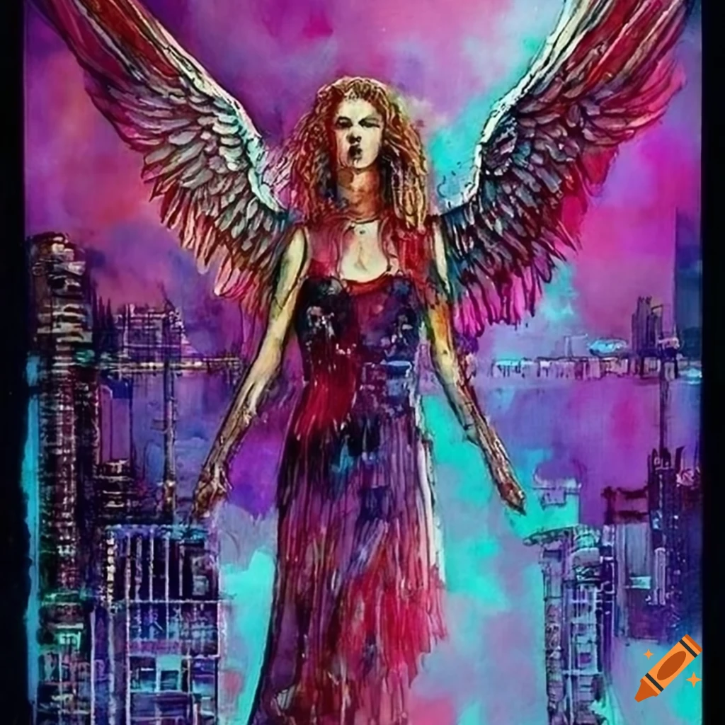 Cyberpunk artwork featuring an angel on Craiyon