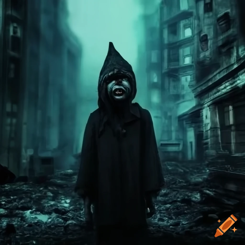 Photo of a ghoul in a destroyed city at midnight on Craiyon