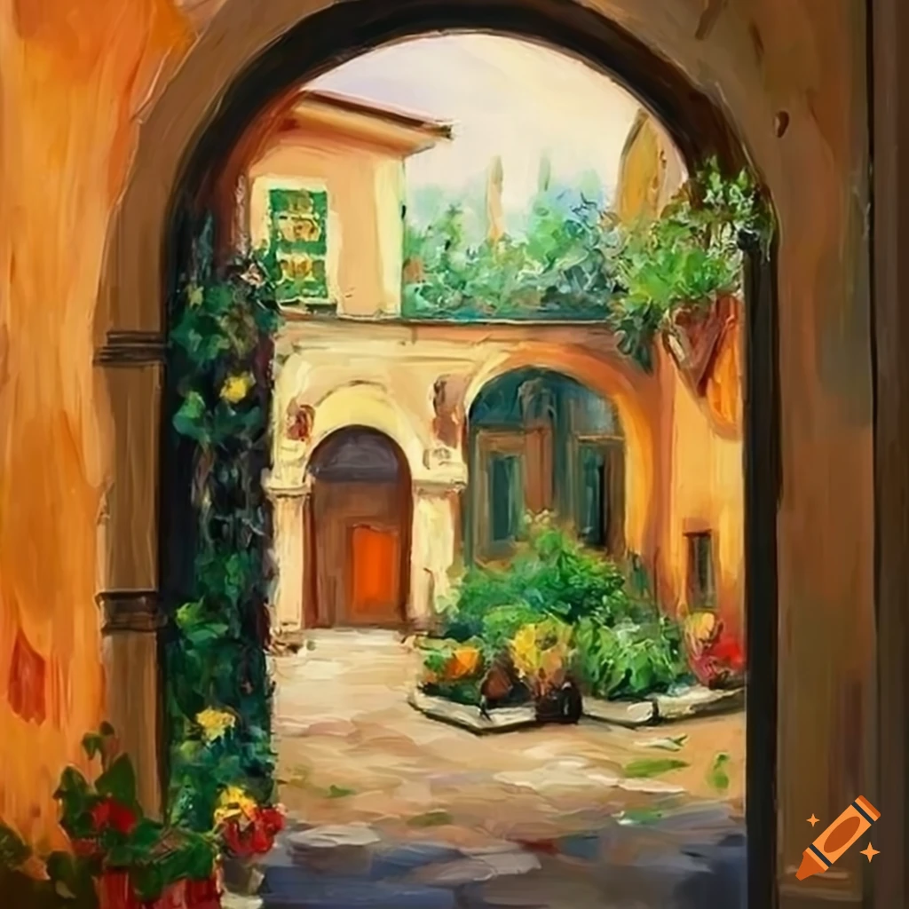 Oil painting of a charming italian courtyard