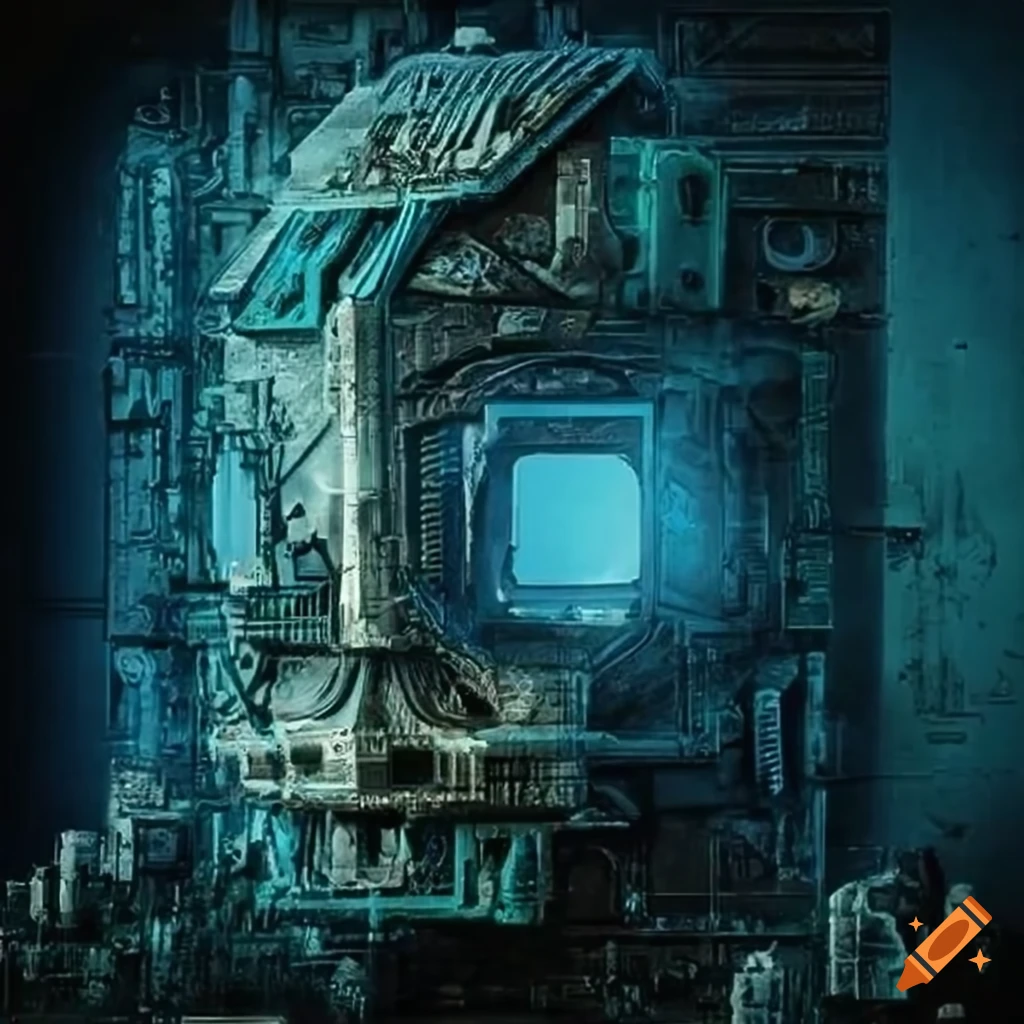 Surrealist alien spaceship machine in front of computer windows