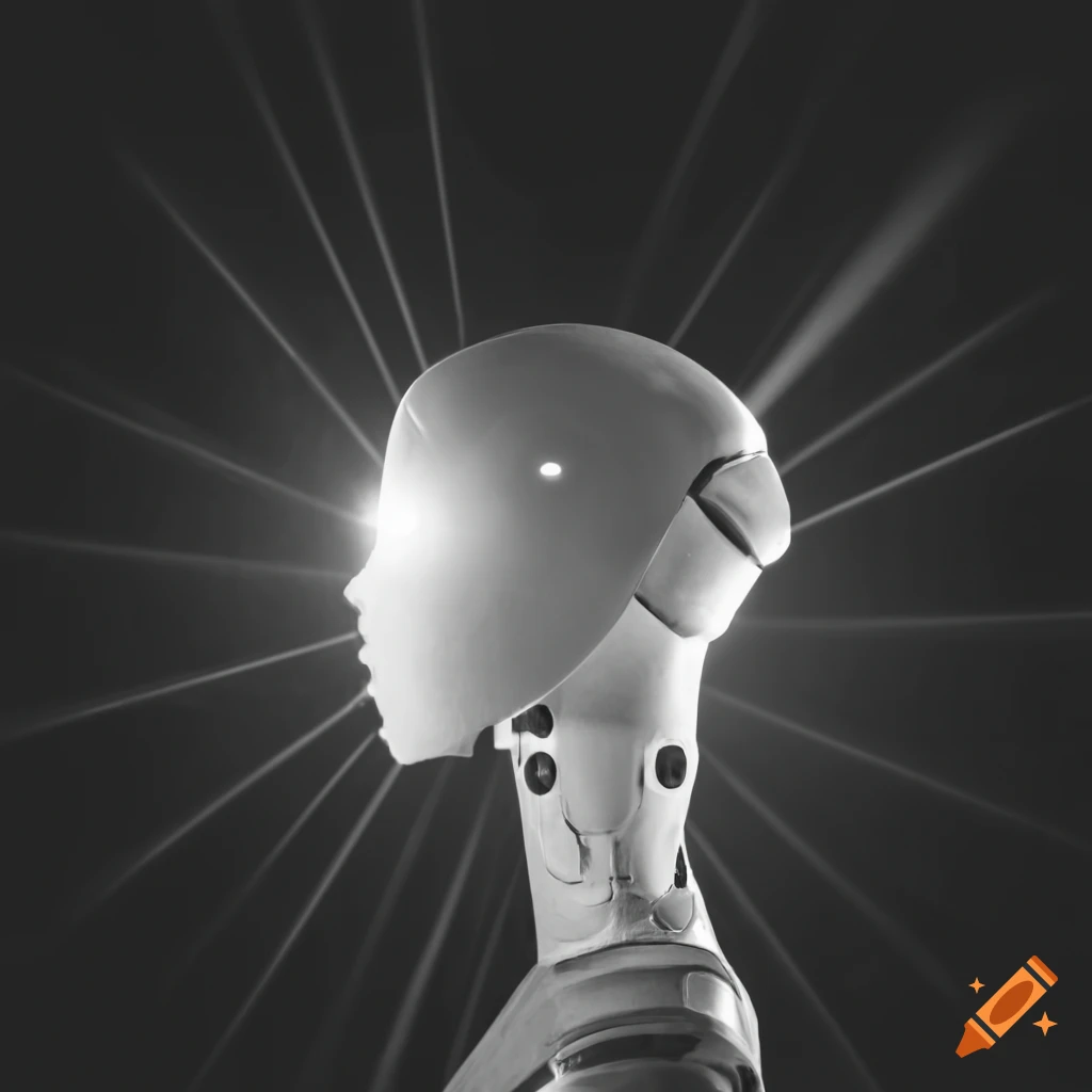 Minimalist black and white robot head emitting light beams on Craiyon