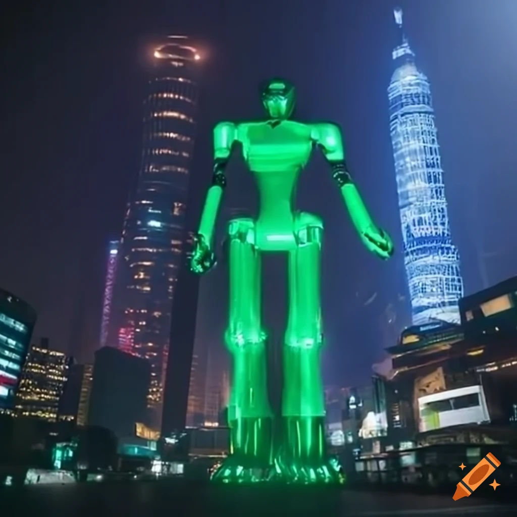 Green robot destroying shanghai at night on Craiyon