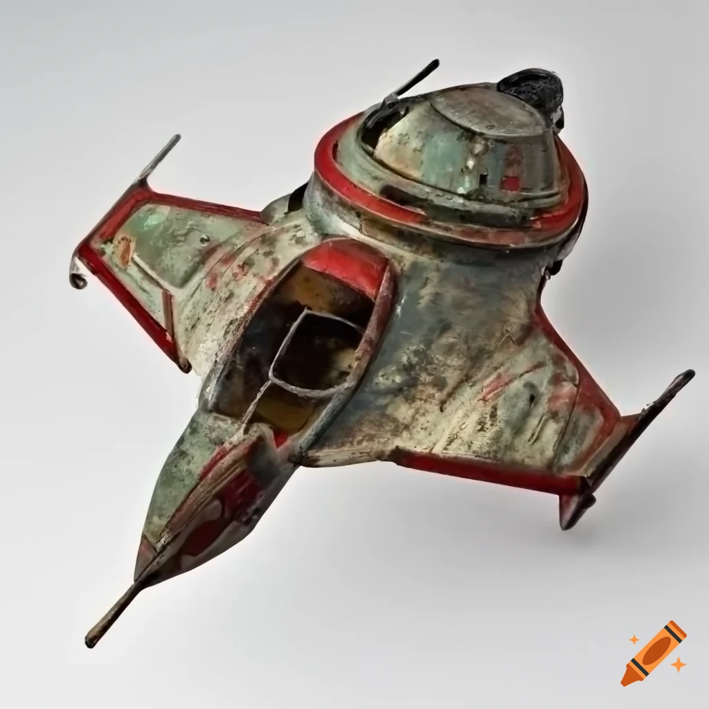 Vintage toy spaceship with painted crew in a museum on Craiyon