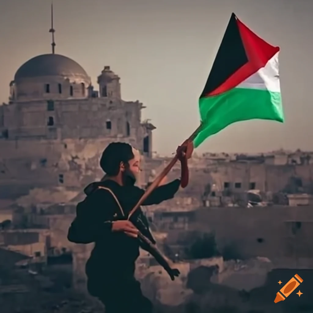 Man holding a palestine flag in a parade on Craiyon