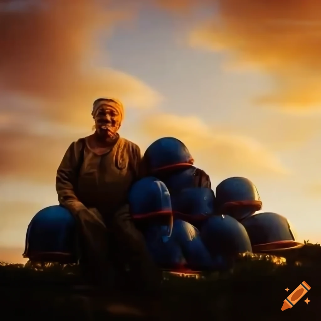 Smiling old man with a pile of blue helmets on Craiyon