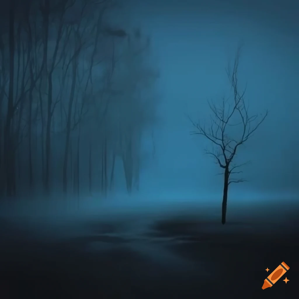 Eerie black and blue fog landscape