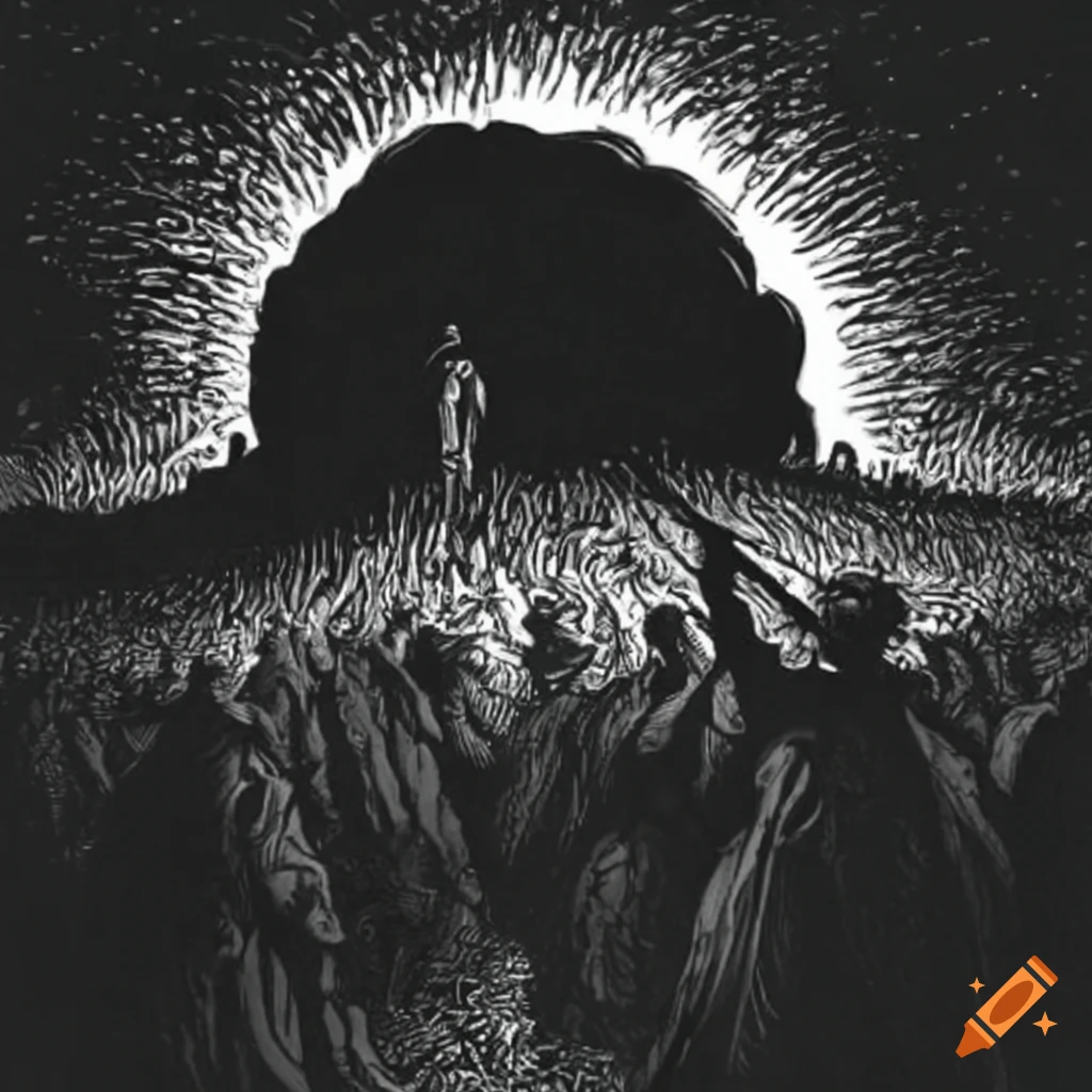 Detailed black and white illustration of people marching towards a ...