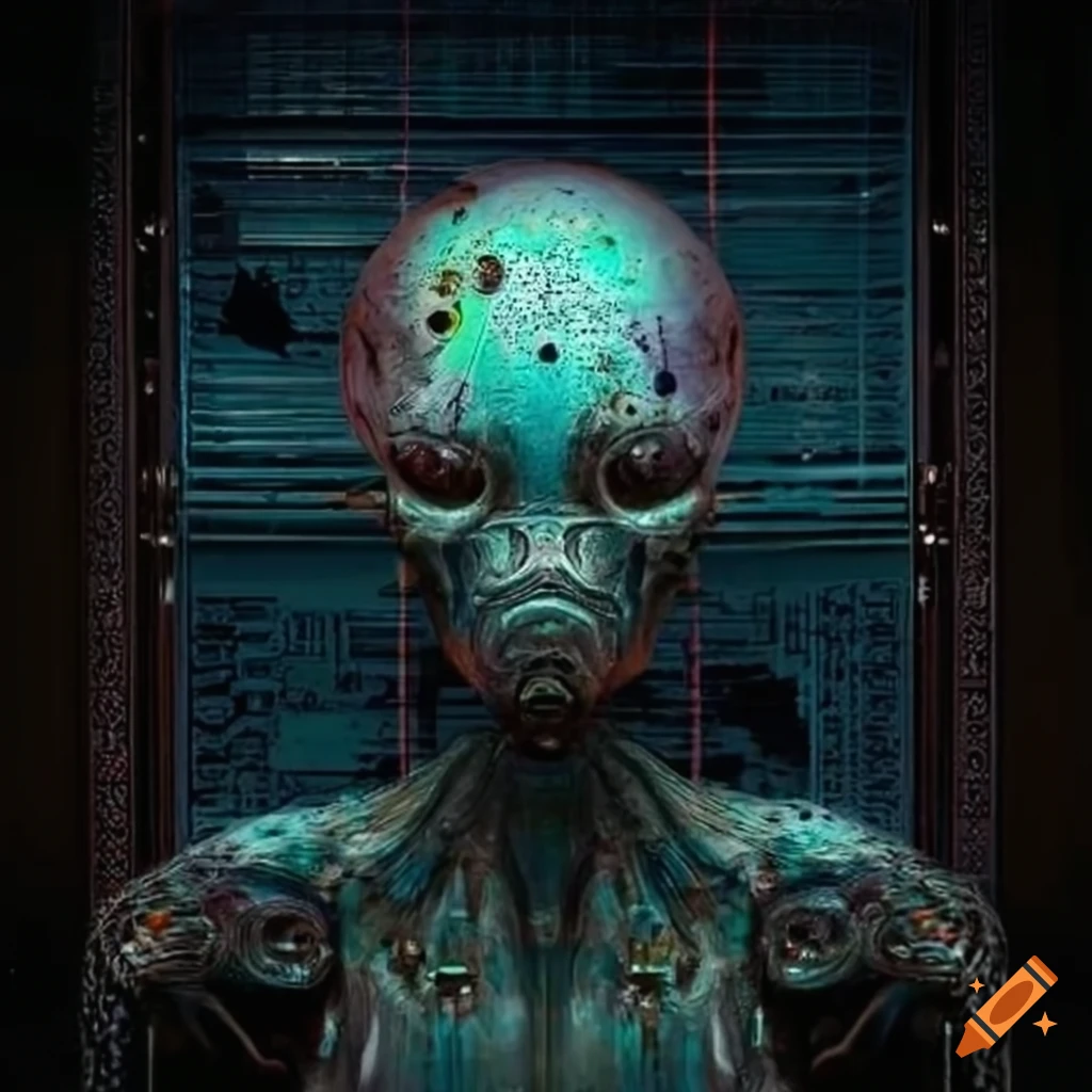 Surrealist alien spaceship with electronic skin