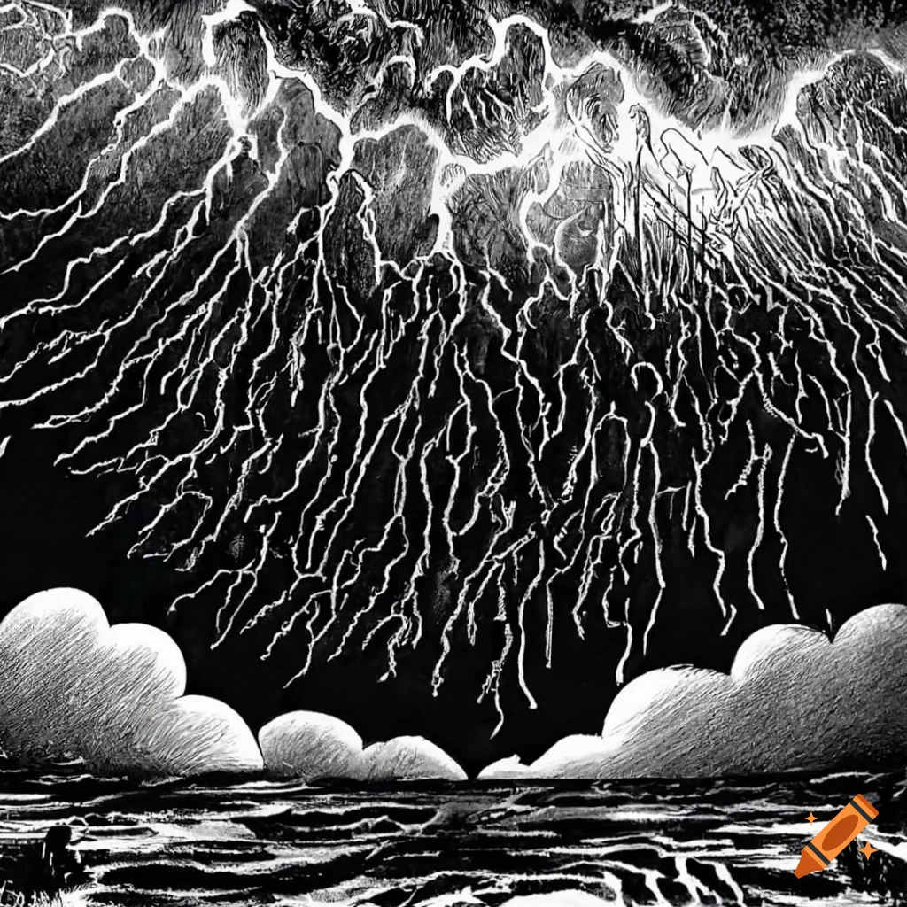 Detailed black and white ink drawing of a stormy nighttime sky on Craiyon