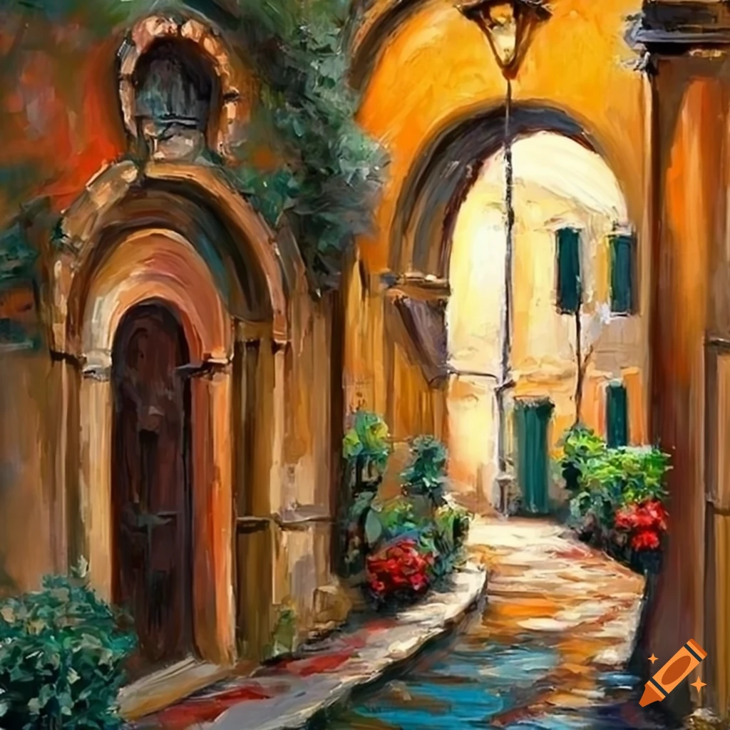 Detailed oil painting of an Italian house courtyard on Craiyon