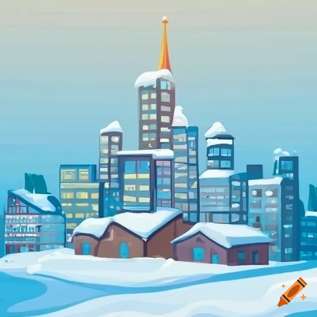 Cartoon-style city covered in snow on Craiyon