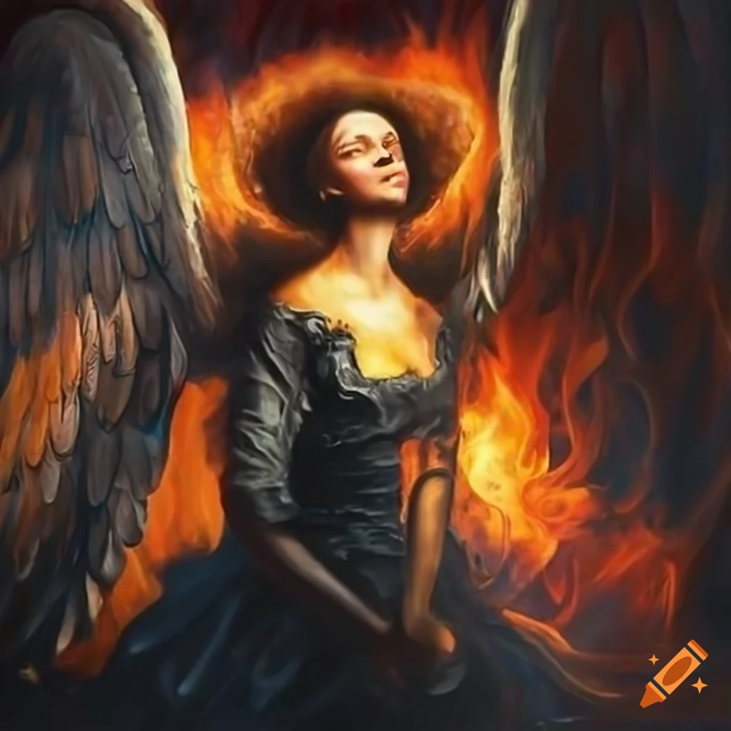 Digital art of a black angel with fire in the background