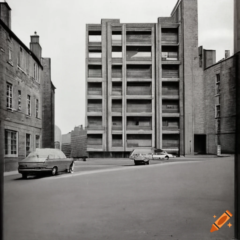 Drawing of brutalist architecture in 1960s edinburgh on Craiyon