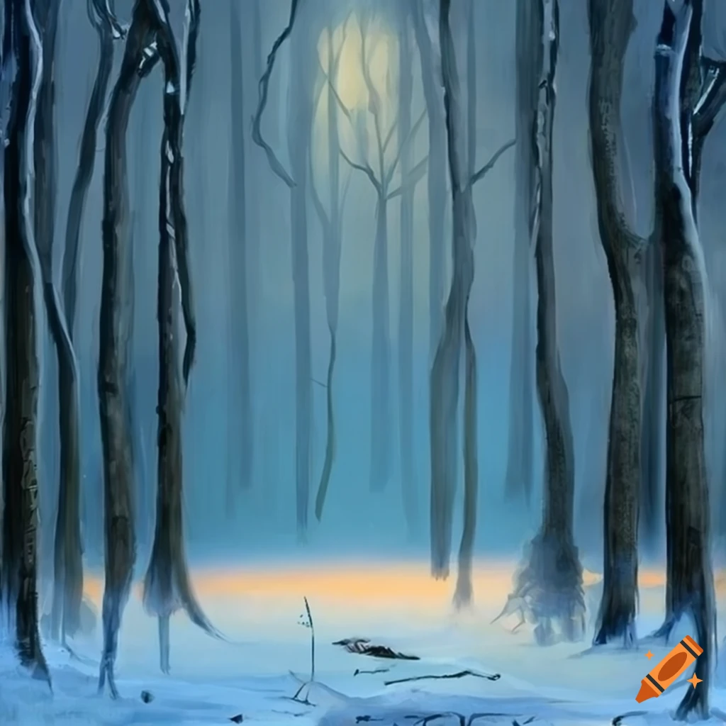 Peaceful snowy forest landscape with fading light on Craiyon