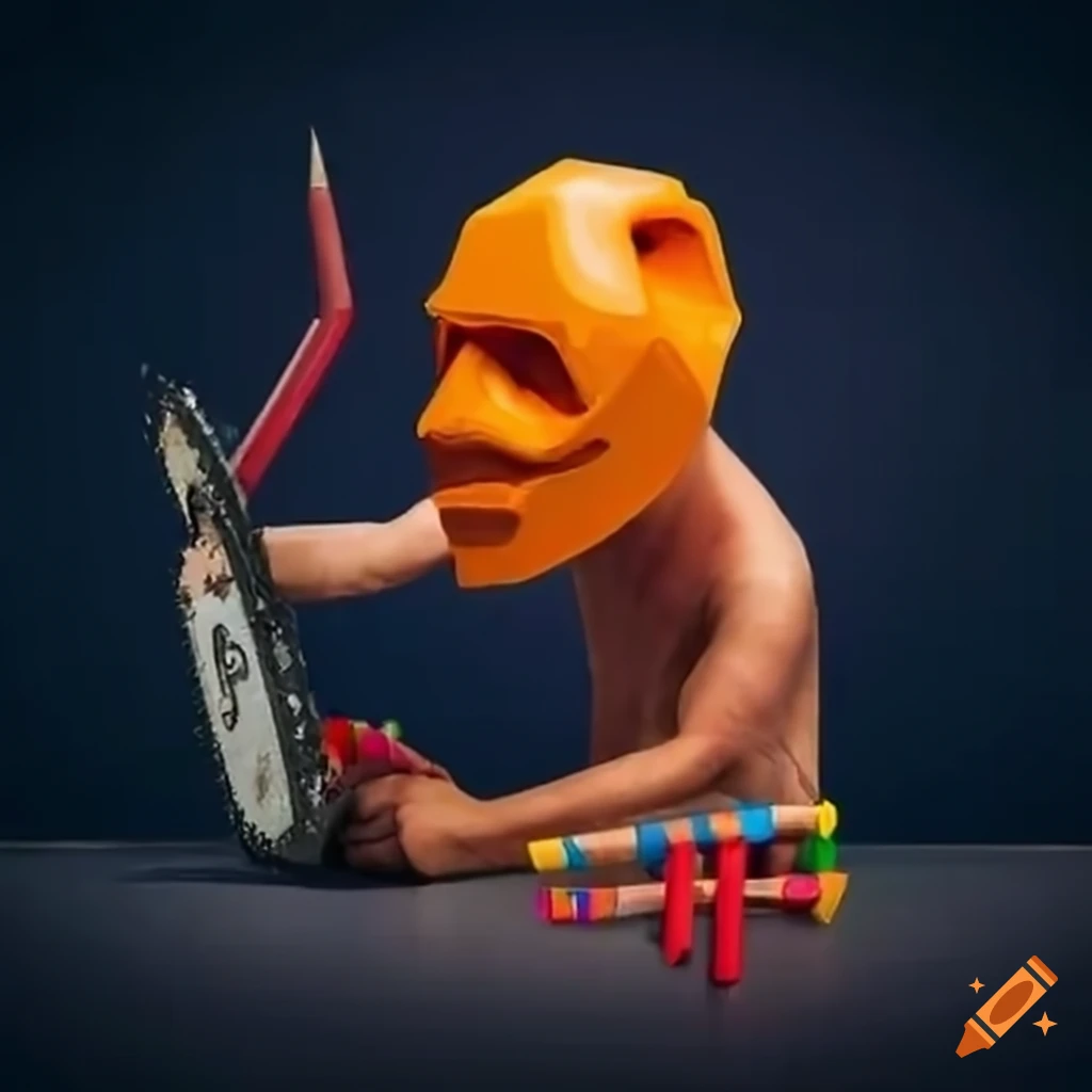 Creative man with chainsaw and crayons