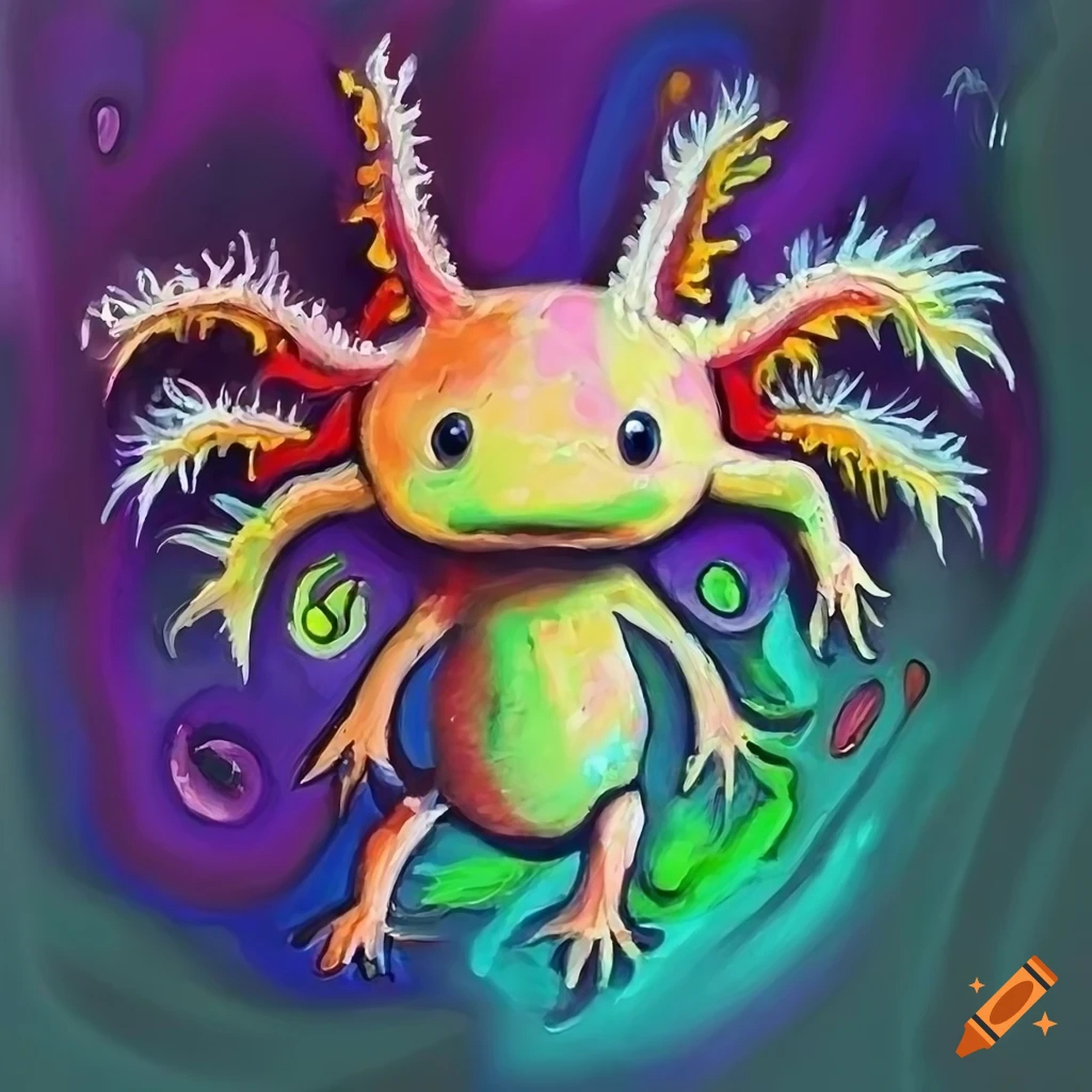 Vibrant oil painting of a cartoonized axolotl