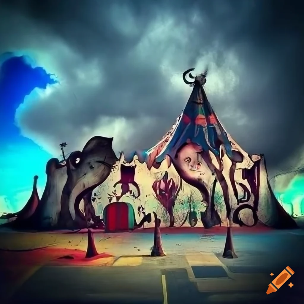 Surrealist circus park with graffiti and hybrid creatures on Craiyon
