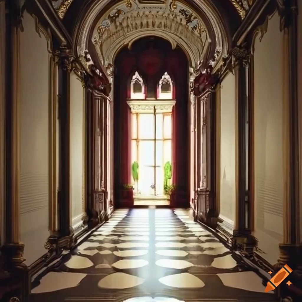Long hallway in an old villa with multiple doors and staircase on Craiyon