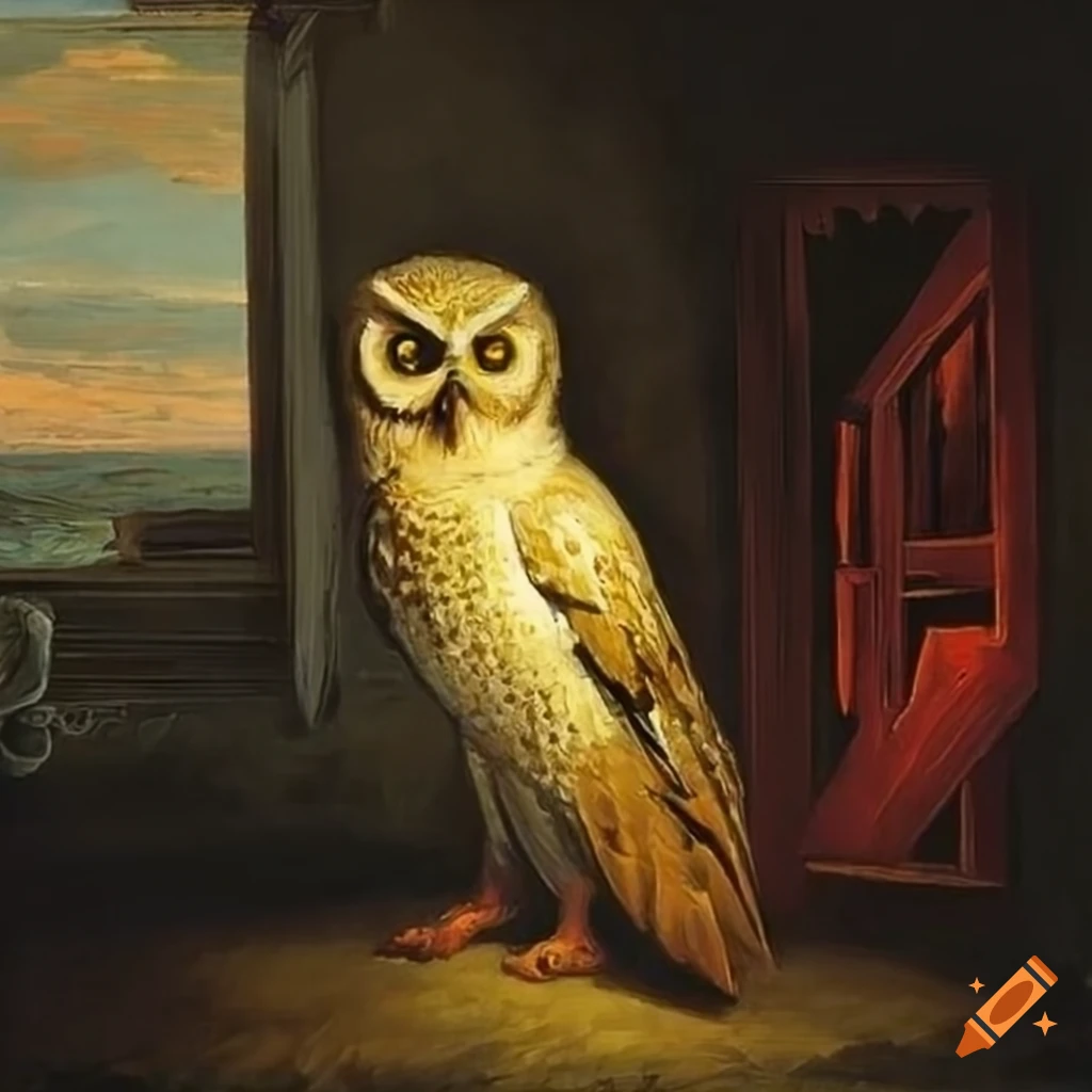 Artistic rendering of an owl near a window