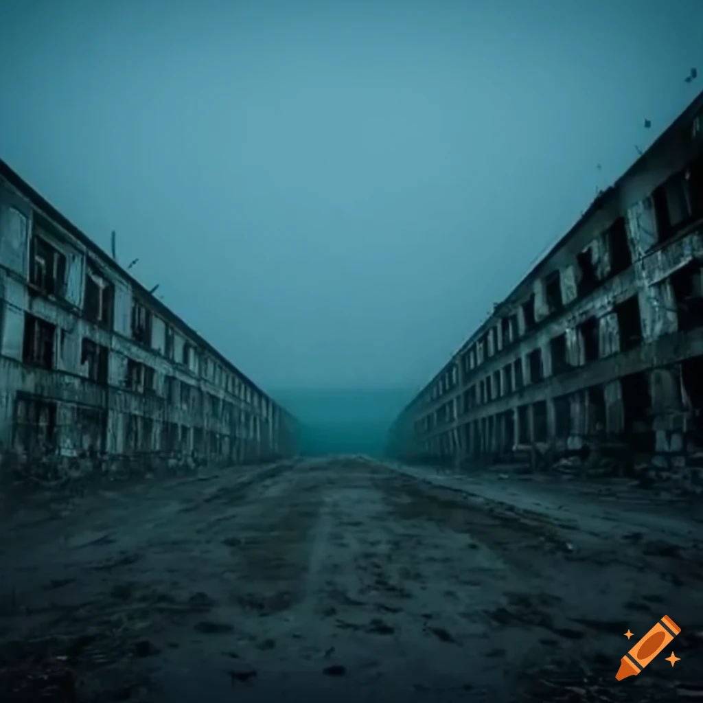 Close up of abandoned buildings sinking into ocean in a pale orange fog ...
