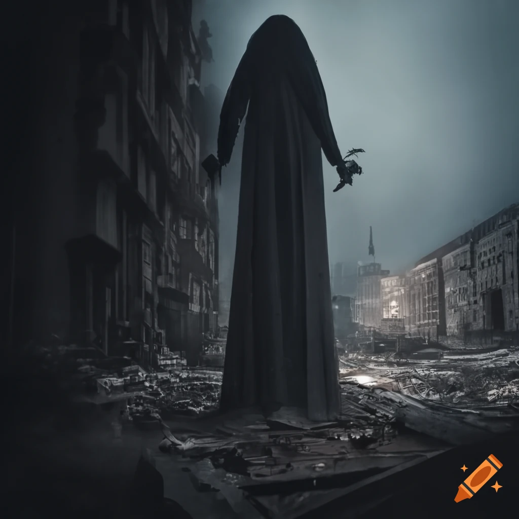 Photo of a pale paranormal figure in a destroyed city at midnight