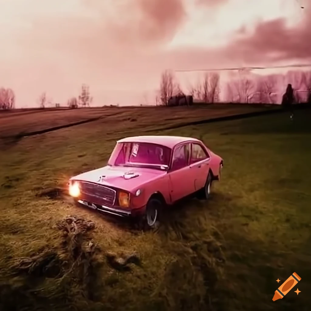 Sauli niinistö driving a pink lada 1200 on a war field