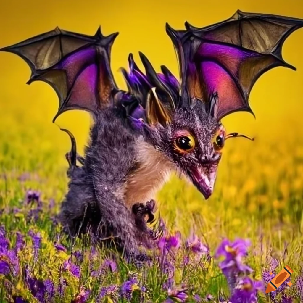 Fluffy dragon-halloween bat in a meadow of spring flowers on Craiyon
