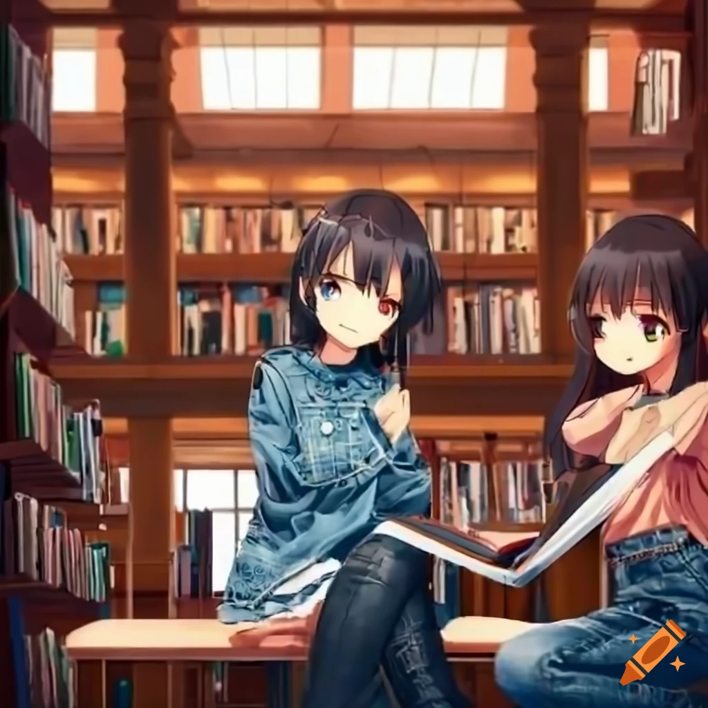 Cheerful anime girls studying with books in a crowded book market on ...