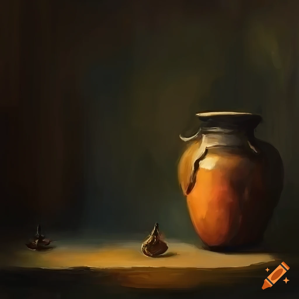 Dark and desaturated oil painting of a large jar on Craiyon