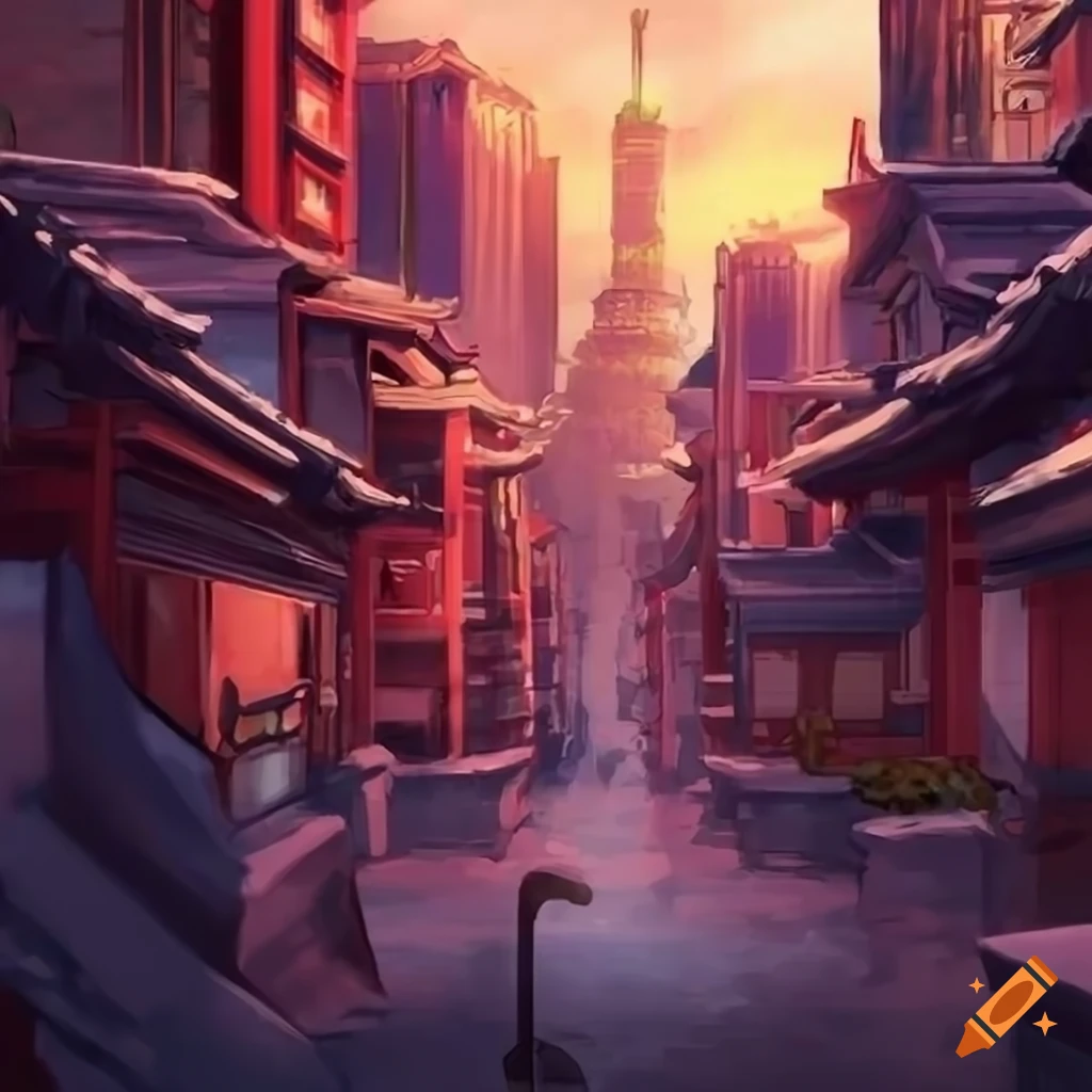Anime-style cityscape with chinese-inspired architecture