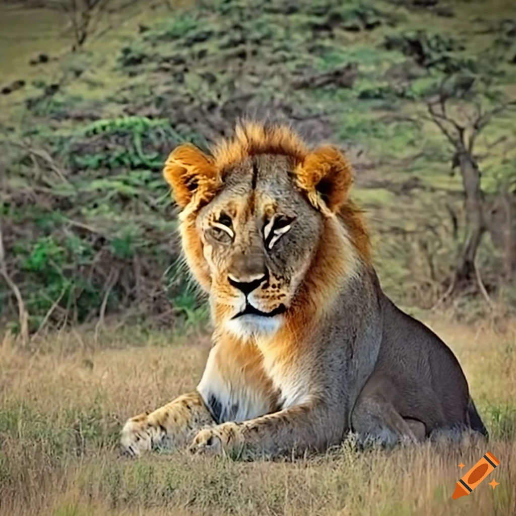 Magnificent lion watching the sunrise in the savannah on Craiyon